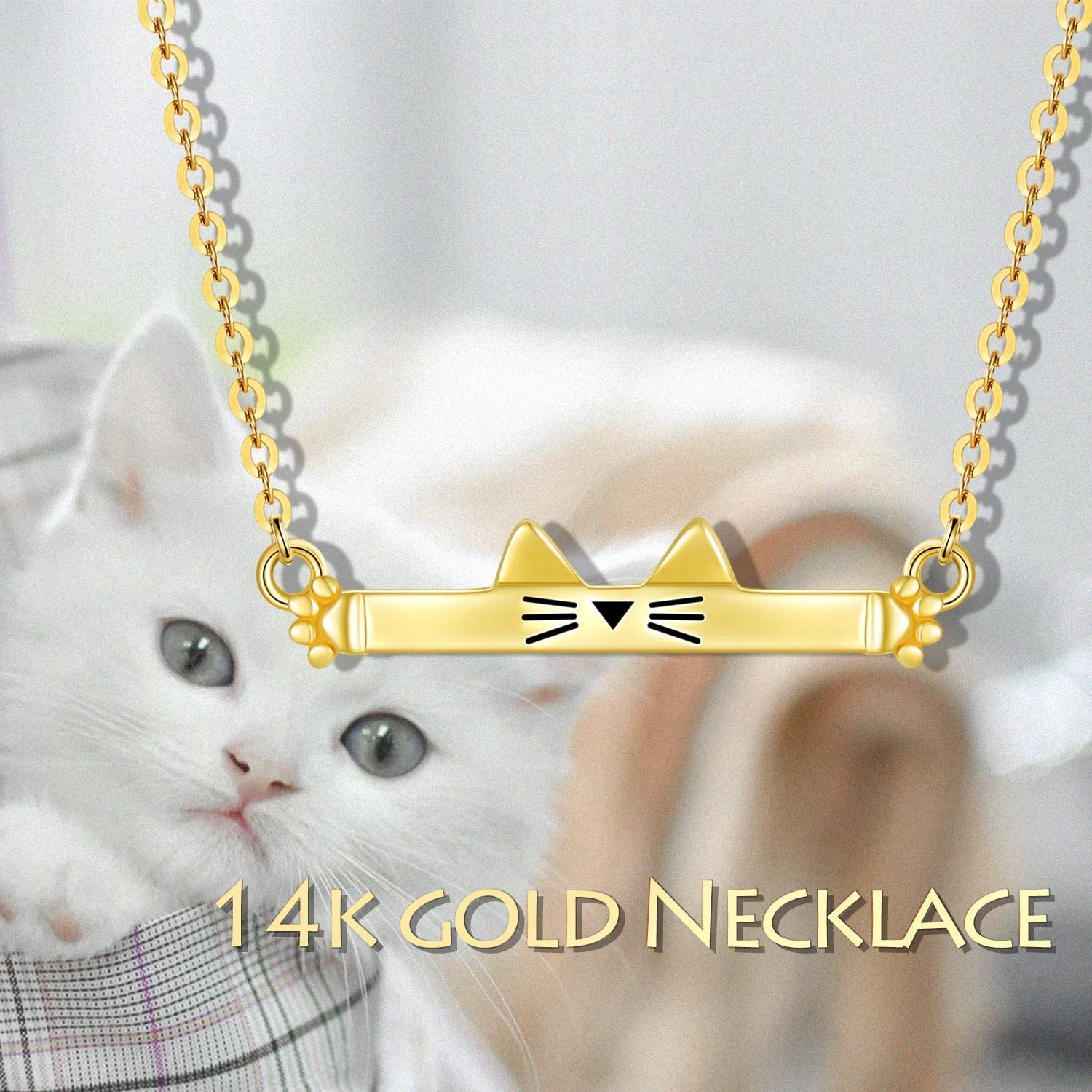 SISGEM 14K Solid Yellow Gold Cat Bar Necklace for Women,Cute Cat Pengdant Necklace Mother's Day Birthday Gifts for Her,Adjustable Chain 16''+2'' (Yellow)