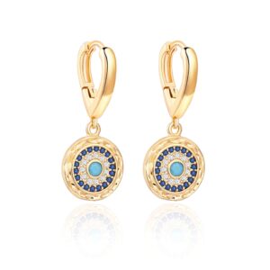 pearlada 18k gold round evil eye dangle hoop earrings for women small micro-inlaid cubic zirconia charm jewelry fashion hammered coin earrings