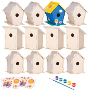 neliblu diy 12 wooden bird houses - creative arts and crafts set for kids and adults - unfinished wood birdhouse kits with paint strips, brushes, stickers, and strings - 3 different shapes, 2 sizes