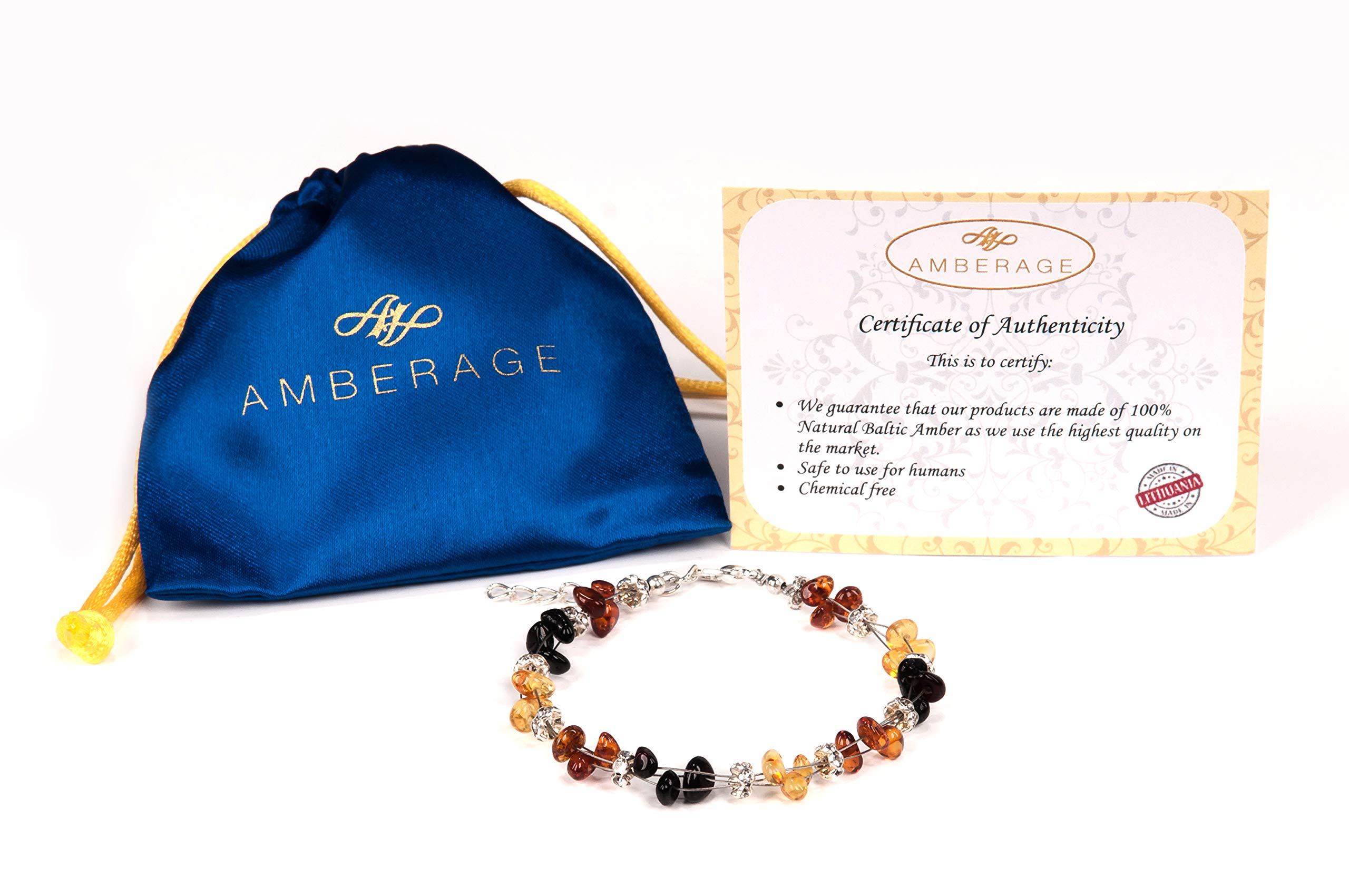 AMBERAGE Natural Baltic Amber Bracelet for Women/Teens - Hand Made from Polished/Certified Baltic Amber Beads (Multi)