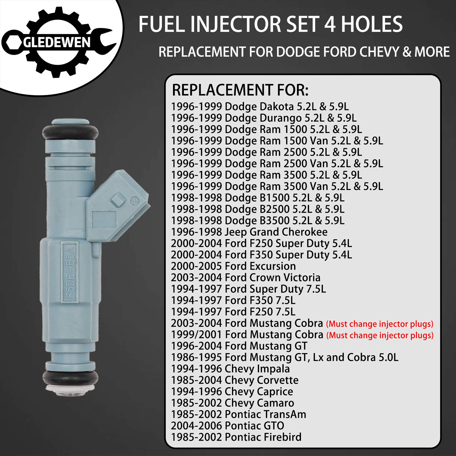 Fuel Injector 24LB 4 Holes 8Pcs | Replacement for 5.2 5.9 Dodge Dakota Durango Ram Chevy Camaro Ford F250 F350 Excursion Mustang Pontiac GTO & more | Replace# 0280155715, 0280150947, 0280150965