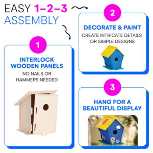 Neliblu DIY 12 Wooden Bird Houses - Creative Arts and Crafts Set for Kids and Adults - Unfinished Wood Birdhouse Kits with Paint Strips, Brushes, Stickers, and Strings - 3 Different Shapes, 2 Sizes