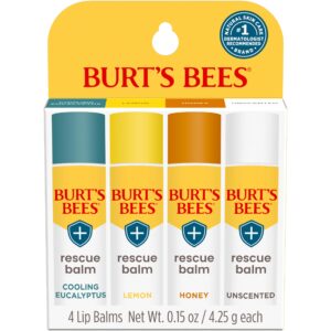 burt's bees 100% natural origin rescue lip balm, cooling eucalyptus, lemon, honey, unscented, 4 tubes, pack may vary