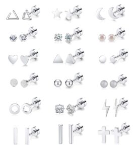 flat back earrings hypoallergenic,18 pairs stainless steel flat back stud earrings for women men 20g star moon heart disc ball cz cartilage earrings screw back flatback earrings for sensitive ears