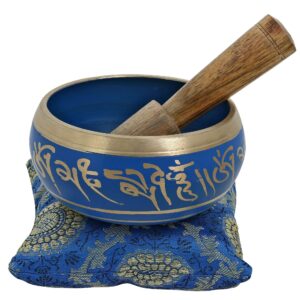 ajuny tibetan singing bowl set - handcrafted meditation brass sound bowl with stick and cushion for yoga, chakra healing, mindfulness and stress relief spiritual gifts - blue