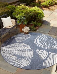 unique loom outdoor coastal collection area rug - bodrum (7' 1" round, navy blue/ ivory)