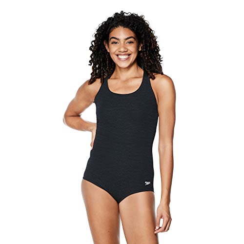 Speedo Women's Standard Swimsuit One Piece Pebble Texture Crossback Moderate Cut, Black, 18