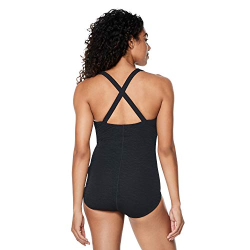 Speedo Women's Standard Swimsuit One Piece Pebble Texture Crossback Moderate Cut, Black, 18