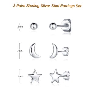 Bestwick Silver Stud Earrings for Women Girls Teenage, 3 Pairs 925 Sterling Silver Cute Round Ball Star Moon Stud Earrings, Hypoallergenic Small Cartilage Tragus Studs Earrings Set