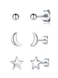 bestwick silver stud earrings for women girls teenage, 3 pairs 925 sterling silver cute round ball star moon stud earrings, hypoallergenic small cartilage tragus studs earrings set