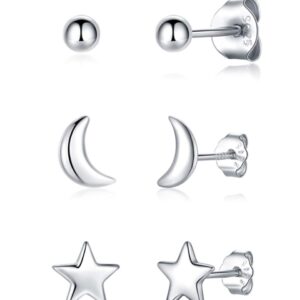 Bestwick Silver Stud Earrings for Women Girls Teenage, 3 Pairs 925 Sterling Silver Cute Round Ball Star Moon Stud Earrings, Hypoallergenic Small Cartilage Tragus Studs Earrings Set