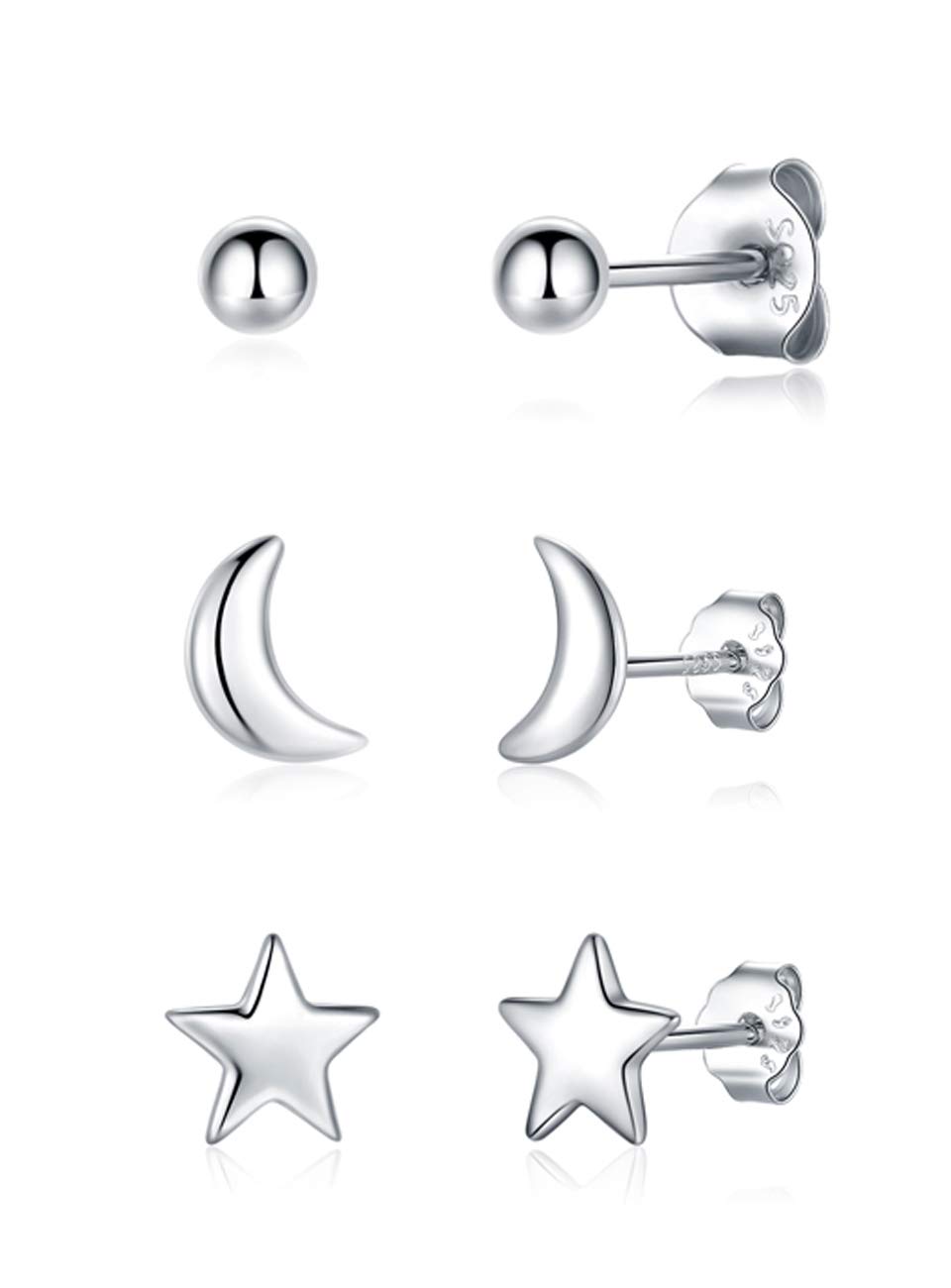 Bestwick Silver Stud Earrings for Women Girls Teenage, 3 Pairs 925 Sterling Silver Cute Round Ball Star Moon Stud Earrings, Hypoallergenic Small Cartilage Tragus Studs Earrings Set