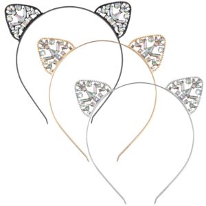 nodg 3 pieces crystal cat ears headbands rhinestone cat ear tiaras for women crystal hair hoop women girls kids party decoration headdress cosplay costume head wear