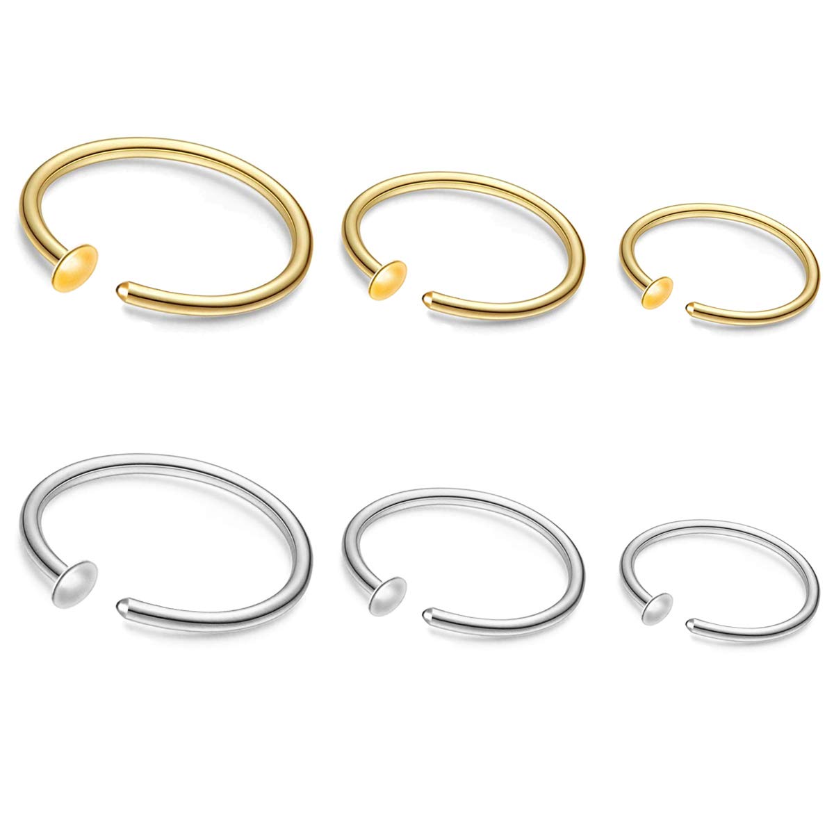 ZogCowy 6Pcs 22G Gold Nose Ring Hoop Surgical Steel Small Thin Cartilage Nose Ring Tiny Snug Fit Nose Piercing Jewelry 6mm 7mm 8mm Adjustable