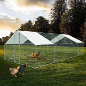 large chicken coop walk-in metal poultry cage house rabbits habitat cage spire shaped coop with waterproof and anti-ultraviolet cover for outdoor backyard farm use (9.8' l x 26.2' w x 6.56' h)