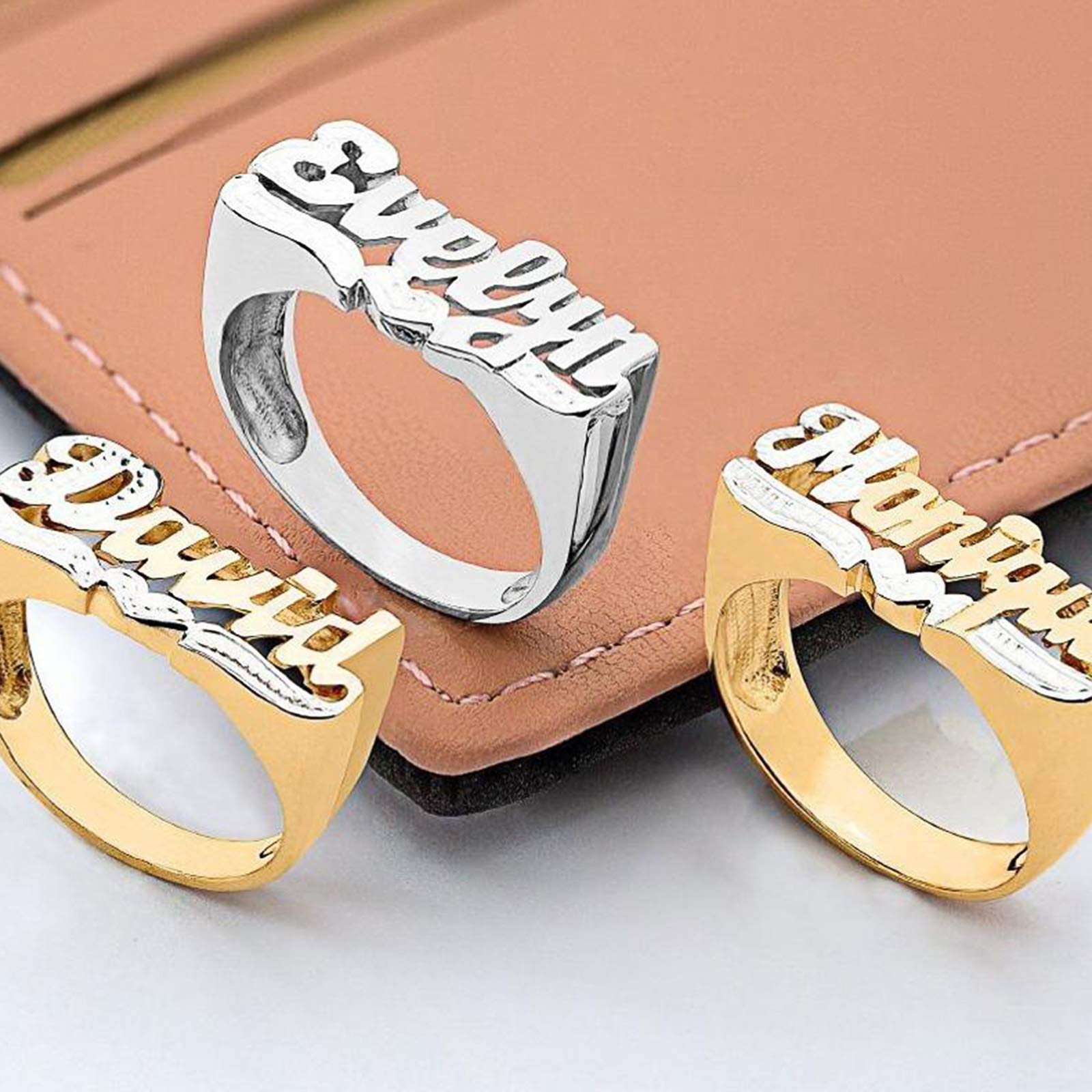 Cfustiy Name Ring Personalized Custom Initial Ring with Heart Gold Plated Unisex Nameplate Rings for Women Birthday Gift