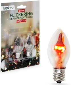 tupkee c7 flickering flame bulb – 1w, light bulb with orange glow that flickers and dances up and down - replacement for e12 base christmas candolier window candle - 2/pkg