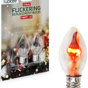 Tupkee C7 Flickering Flame Bulb – 1W, Light Bulb with Orange Glow That flickers and Dances up and Down - Replacement for E12 Base Christmas Candolier Window Candle - 2/Pkg