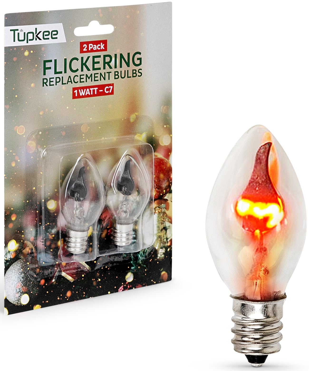 Tupkee C7 Flickering Flame Bulb – 1W, Light Bulb with Orange Glow That flickers and Dances up and Down - Replacement for E12 Base Christmas Candolier Window Candle - 2/Pkg