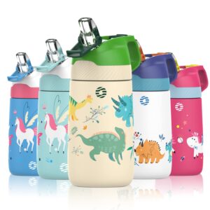 fj bottle fj bottle 13 oz patent design insulated kids water bottle with straw lid and silicone protective cover, airfree vent technology care for kids, bpa free, multiple colors (wild dinosaur/12 oz)