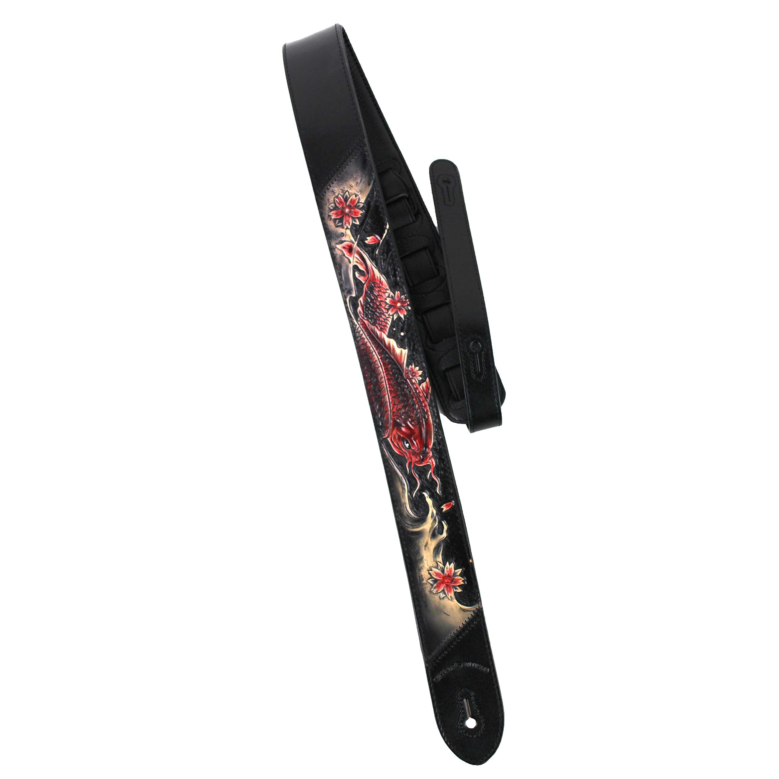 Walker And Williams KB-24 Black & Ruby Red 2" Premium Carved Grain Leather Guitar Strap With Koi Fish Design For Acoustic, Electric, And Bass Guitars