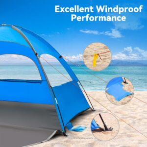 MIRUS Beach Tent, 2-3 Person Sun Shade Shelter with UPF50+ Protection Extended Floor & 3 Ventilating Roll Up Windows Carrying Bag Stakes and Tiedown Strings, Sky Blue