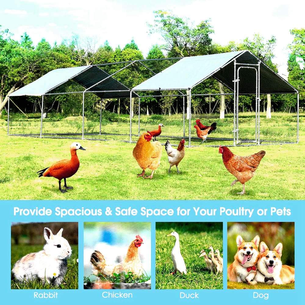 Large Chicken Coop Walk-in Metal Poultry Cage House Rabbits Habitat Cage Spire Shaped Coop with Waterproof and Anti-Ultraviolet Cover for Outdoor Backyard Farm Use (9.8' L x 26.2' W x 6.56' H)