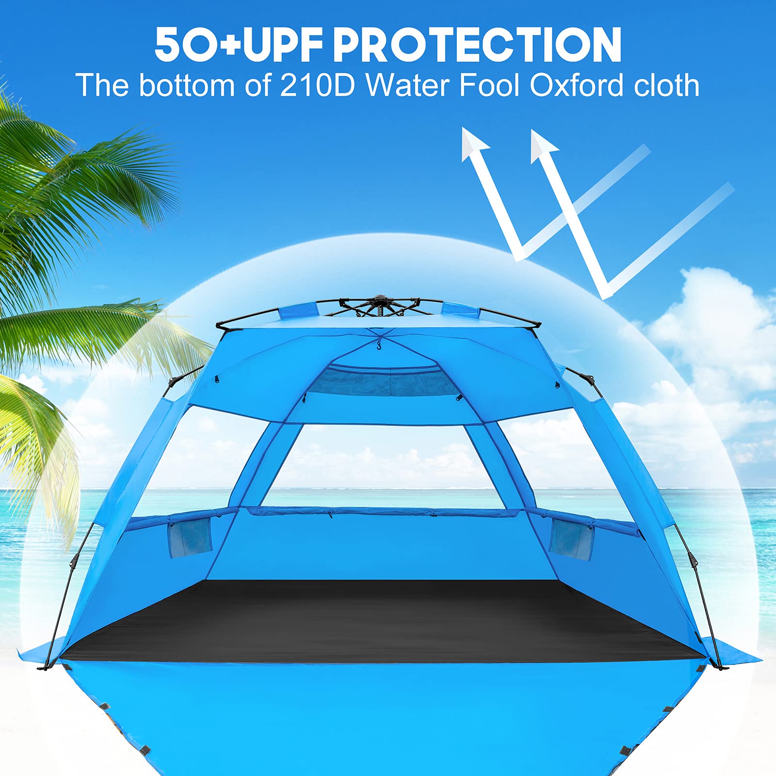 MIRUS Pop Up Beach Tent, Deluxe XL Sun Shade Shelter for 3-4 Person with UPF50+ Protection, Extendable Floor & 3 Ventilating Windows Carrying Bag Stakes and Guy Lines