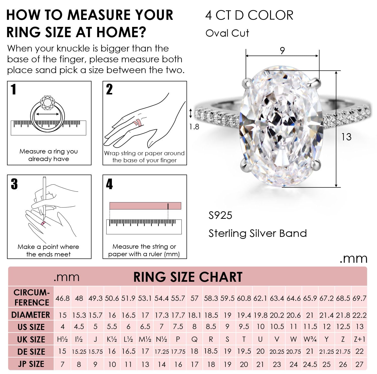 Michooyel Oval Cut 4ct Engagement Ring Sterling Silver Cubic Zirconia Rhodium Plated Solitaire Women‘s Ring Wedding Ring Promise Ring Wedding Band