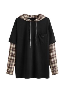 sweatyrocks women's casual plaid long sleeve hooded sweatshirt drop shoulder drawstring hoodie with pocket stripe black medium