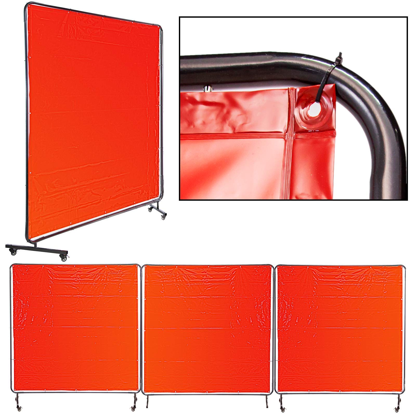 VEVOR Welding Curtain 6' x 6' Welding Screens Flame Retardant 3 Panel Welding Curtain with Frame and Wheels, Translucent Welding Shield, Flame Resistance Weld Curtain, Adjustable Size, Red…