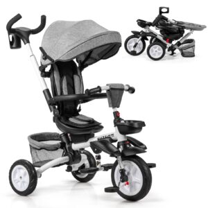 baby joy tricycle, 7 in 1 folding toddler bike w/removable push handle, rotatable seat, adjustable canopy, safety harness, storage, cup holder, trike for 1-5 year old, tricycle for toddlers (gray)