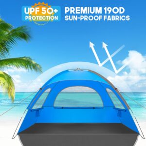 MIRUS Beach Tent, 2-3 Person Sun Shade Shelter with UPF50+ Protection Extended Floor & 3 Ventilating Roll Up Windows Carrying Bag Stakes and Tiedown Strings, Sky Blue