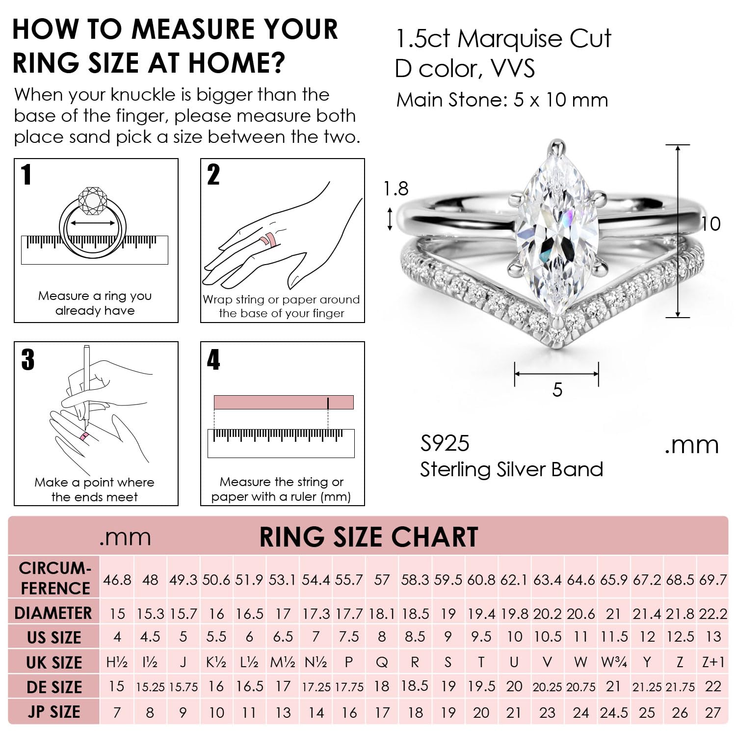 Michooyel 1.5ct Marquise Cut 2in1 Women's Engagement Ring Simulated Diamond Wedding Bands Ring Bridal Set Sterling Silver Promise Ring For Women