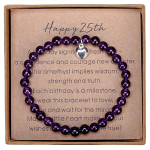 25th birthday gifts for women amethyst bead bracelet with sterling silver heart charm happy 25th birthday gifts for her with card and gift box