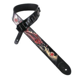 walker and williams kb-24 black & ruby red 2" premium carved grain leather guitar strap with koi fish design for acoustic, electric, and bass guitars