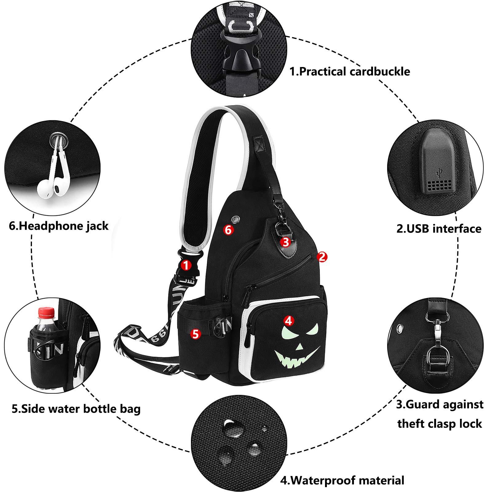 Xinveen Luminous Sling Bag Cross Body Shoulder Backpack Multifunction Chest Bag for Men Boys Travel Sports Evil Smile