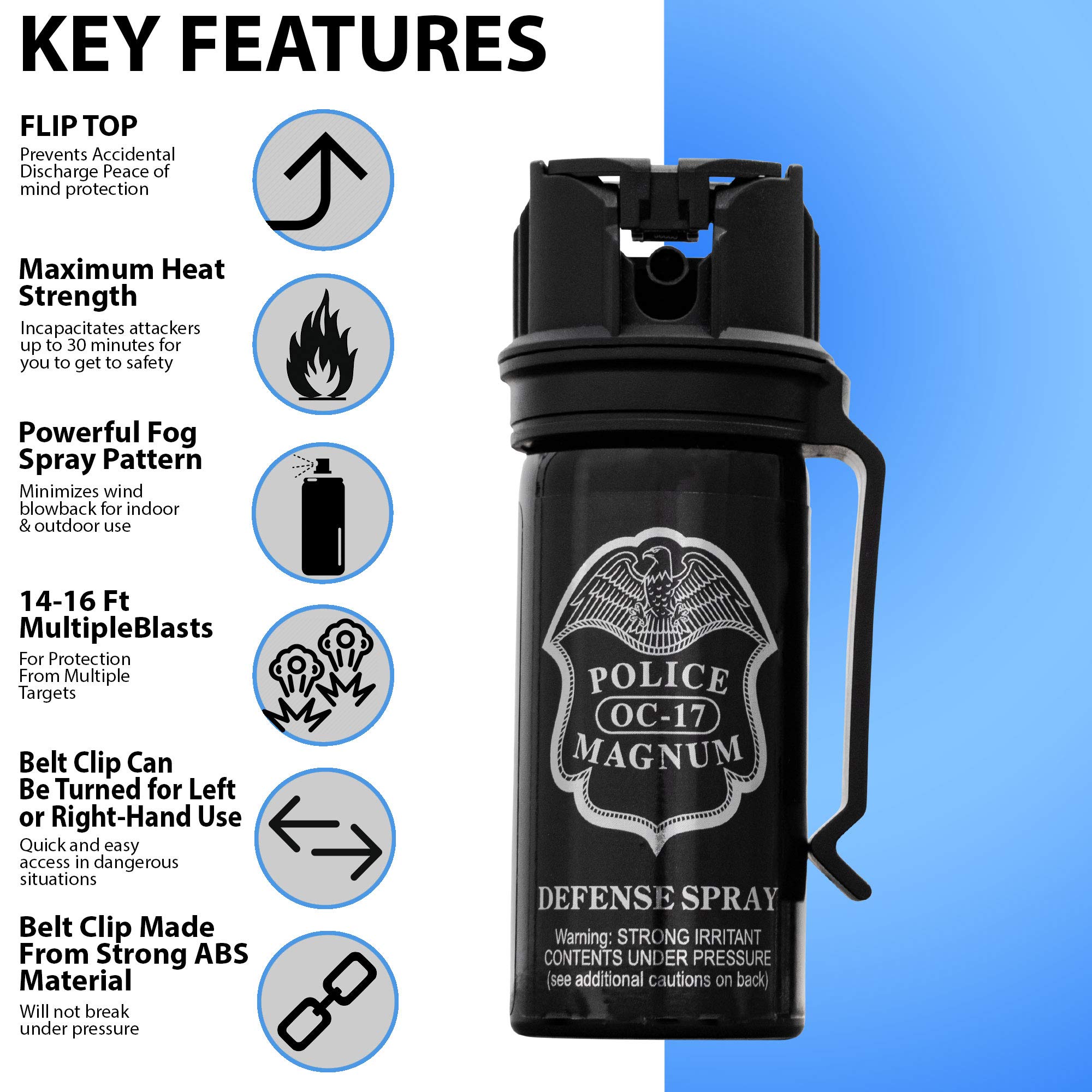 POLICE MAGNUM Pepper Spray Self Defense- 16ft Range- Portable Law Enforcement Unit - Made in The USA - 1 Pack 2oz Flip Top (Belt Clip Fogger)