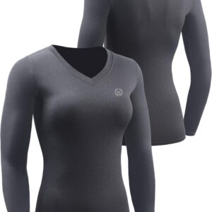 NELEUS Women's 3 Pack Compression Shirts Long Sleeve Yoga Athletic Running Shirts,V-Neck,Black/Grey/Navy Blue,L