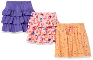 amazon essentials girls' knitted ruffle scooter skirts (previously spotted zebra), pack of 3, purple/light pink/orange, large