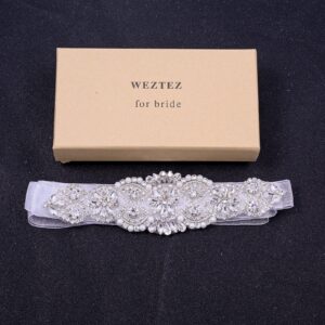 WEZTEZ Bridal Belt Handmade Crystal Wedding Sash Rhinestone Sash for Flower Girl Evening Dress(Silver-organza white)