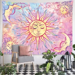 ohjijinn pastel pink tapestry burning sun tapestry mystic tapestry celestial sun and moon with stars tapestry psychedelic hippy tie dye wall hanging for party home decor (pastel, 51.2" x 59.1")