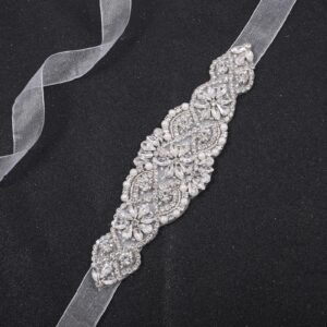 WEZTEZ Bridal Belt Handmade Crystal Wedding Sash Rhinestone Sash for Flower Girl Evening Dress(Silver-organza white)