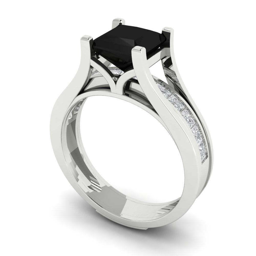 Clara Pucci 3.5 ct Princess Cut Solitaire Natural Black Onyx Designer Art Deco Statement Wedding Sliding Ring Band Set 18K White Gold 7