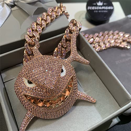 ICEDIAMOND Fancy Pink CZ Diamond Shark Pendant VS 12MM Iced Out Cuban Chain Necklace, 18K Rose Gold Plated L-Size Charm Hip Hop Jewelry for Men Women (Rose,20''Cuban)