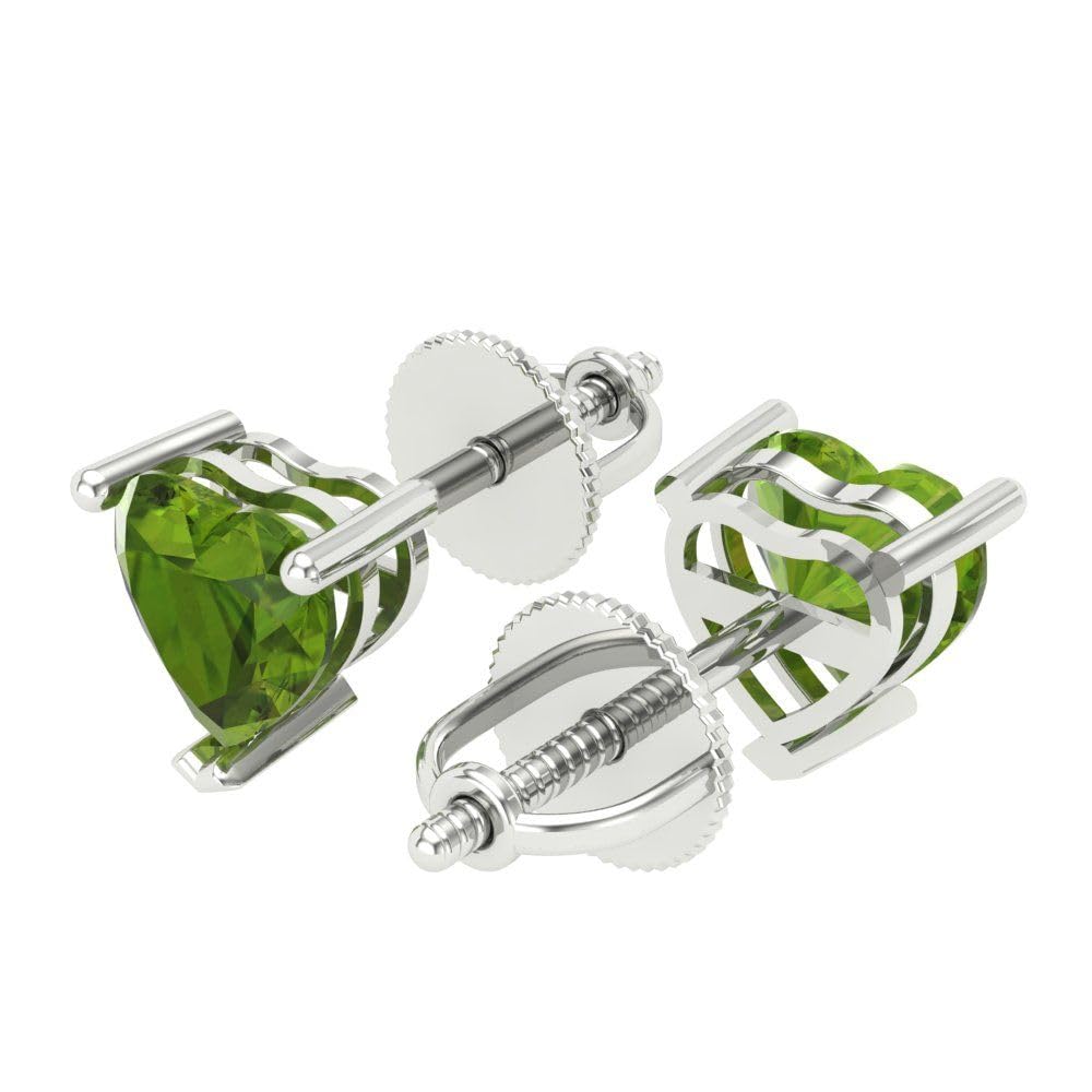 1.0 ct Brilliant Heart Cut Solitaire VVS1 Natural Green Peridot Pair of Stud Earrings Solid 18K White Gold Screw Back