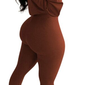 Women Fall Ribbed 2 Piece Outfits Tracksuit Long Sleeve Pullover Crop Tops Bodycon Long Pants Jumpsuit Set Sweatsuits Coffee