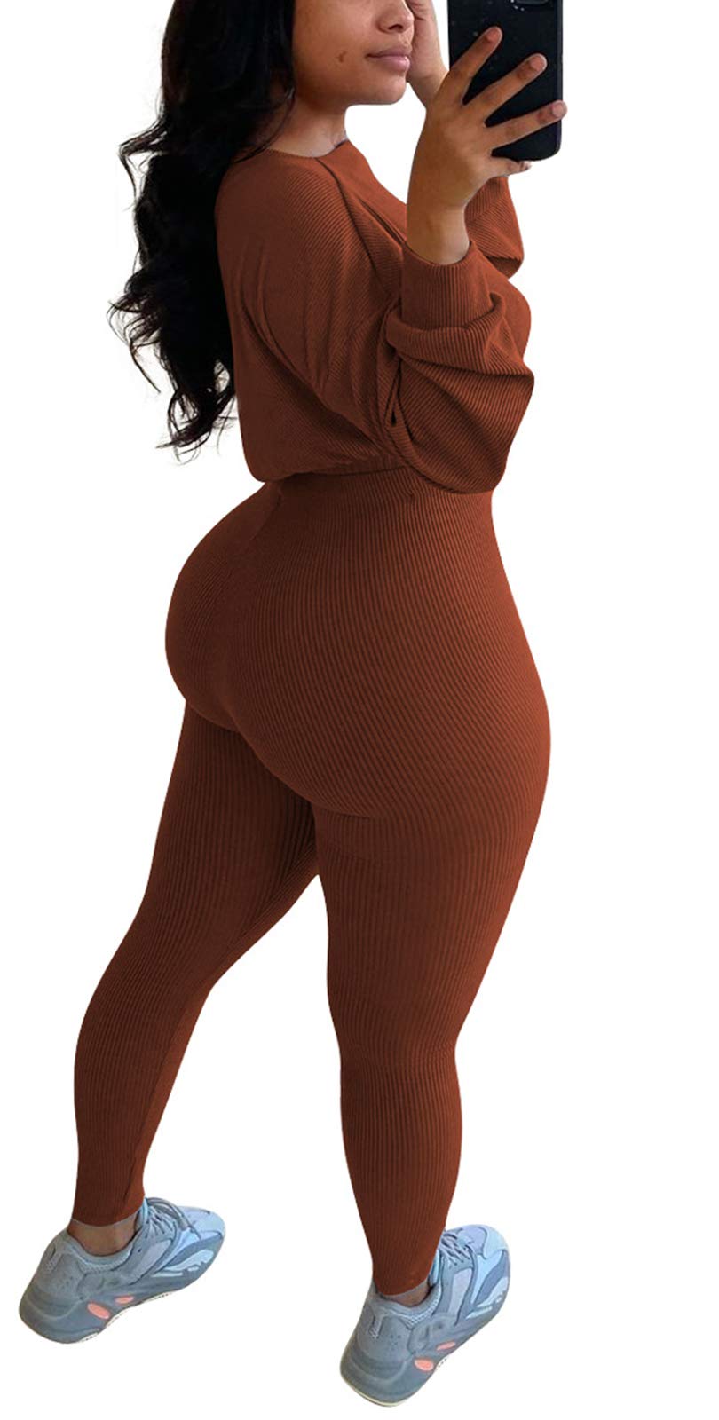 Women Fall Ribbed 2 Piece Outfits Tracksuit Long Sleeve Pullover Crop Tops Bodycon Long Pants Jumpsuit Set Sweatsuits Coffee