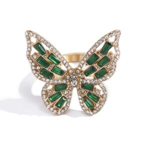 aimimier cubic zirconia butterfly ring sparkling crystal bow-knot knuckle ring wedding jewelry for women(gold-green)