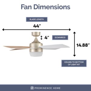 Prominence Home Atlas, 44 Inch Modern Indoor LED Ceiling Fan with Light and Remote Control, Dual Mounting Options, Dual Finish Blades, Reversible Motor - 51470-01 (Champagne)